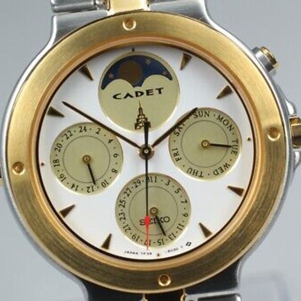 [Near MINT] Seiko Cadet Moon Phase 7F39-6050 Gold Quartz Men's Watch ...
