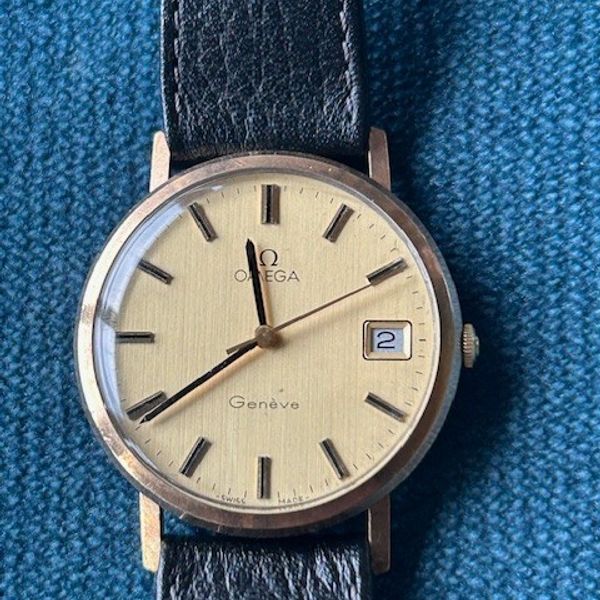 Beautiful Omega Geneve 9ct Gold Mens Date Watch Omega Strap and Crown ...