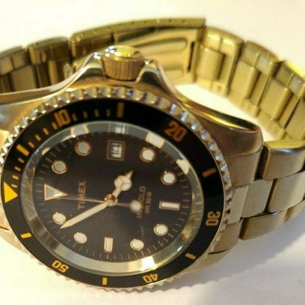 Vintage Gold Tone Indiglo Timex T29781 Men's Watch Submariner Diver ...