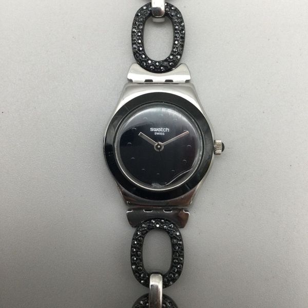 Swatch Irony Watch Women 25mm Black Dial Crystal Bracelet Band New ...