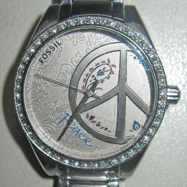 VINTAGE FOSSIL PEACE SIGN WATCH w/RHINESTONE CRYSTALS STAINLESS STEEL ...