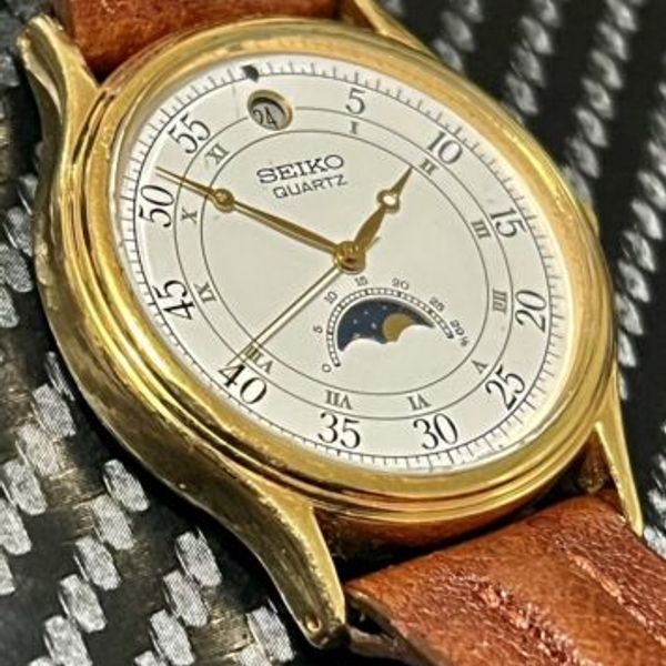 Vintage Seiko Moon Phase Watch Men Gold Tone 6F22-7009 Date Leather New ...