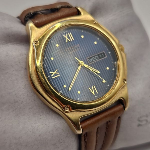 Vintage Citizen Blue Dial Gold Tone Day Date Stainless Steel Quartz Men ...