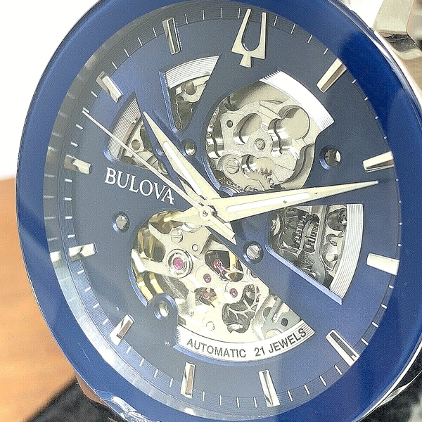 Bulova Men's Watch 96A204 Automatic Silver Steel Blue Skeleton Dial ...