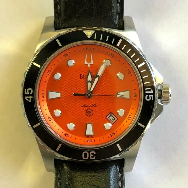 Bulova Mens Marine Star 98B132, Stainless with Orange Face, Black ...