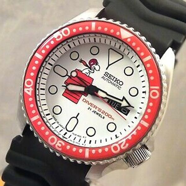 Seiko Ceramic Snoopy Red Baron Automatic Divers Day Date Watch Custom ...