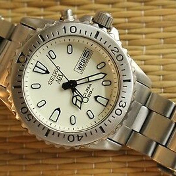 SEIKO AGS 5M43-0C50 KINETIC CREAM DIAL STAINLESS 200M AIR DIVERS WATCH ...