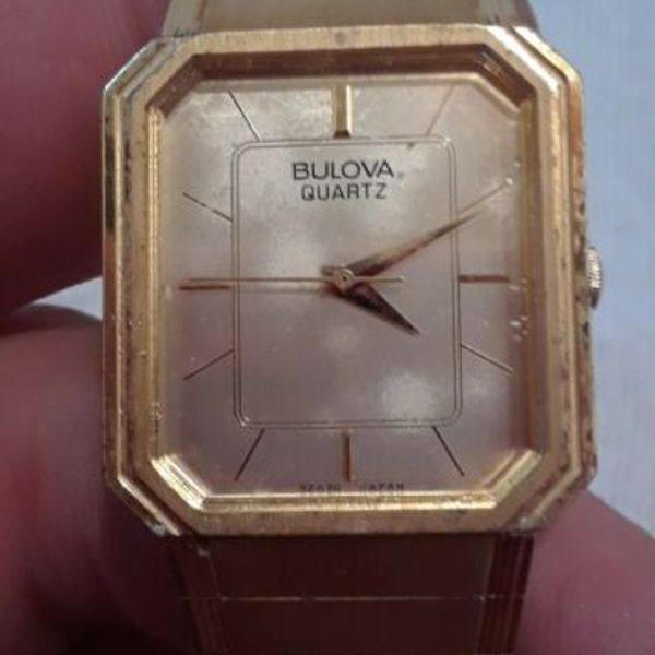 Vintage Bulova Men's Quartz Watch CO.P5 Gold Toned Rectangle Face w/Box ...