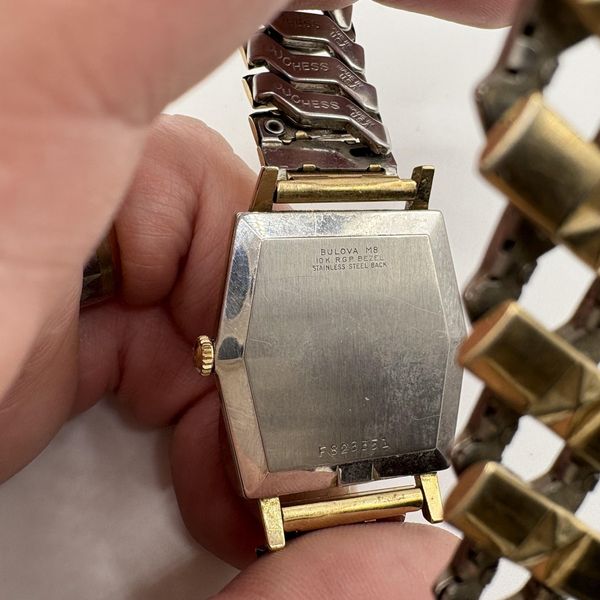 Vintage Bulova Watch Mens Gold Tone Square 10K RGP Bezel Stainless Back ...