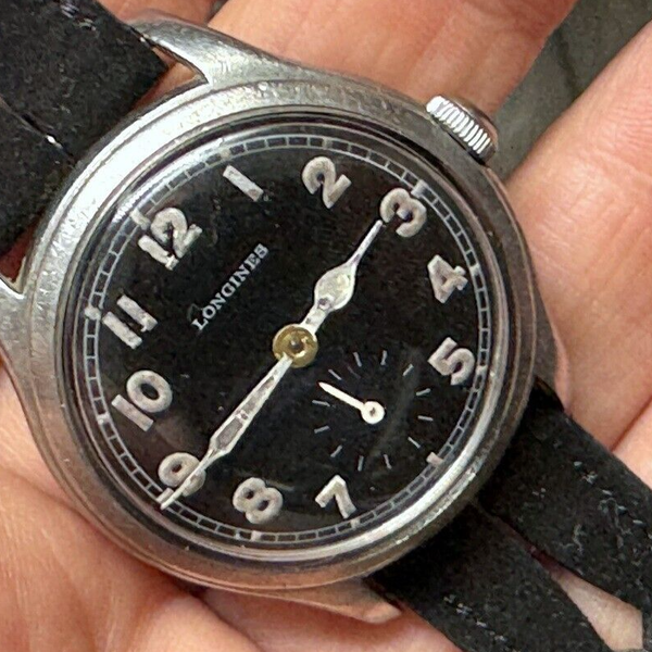 VINTAGE LONGINES 1940's WW2 MANUAL WIND WW2 ORIGINAL BLACK DIAL ...