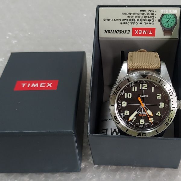 Timex Men's Expedition Field Solar Watch, Tan Strap Black Dial IP Steel ...
