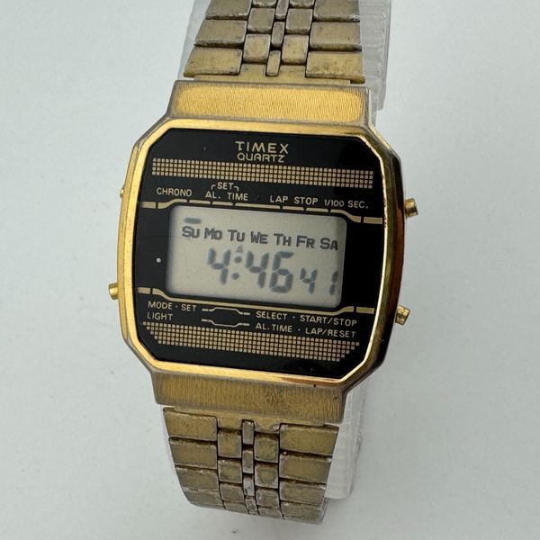 VTG Timex Digital Watch Men Gold Tone Slim Thin Alarm Chrono New ...
