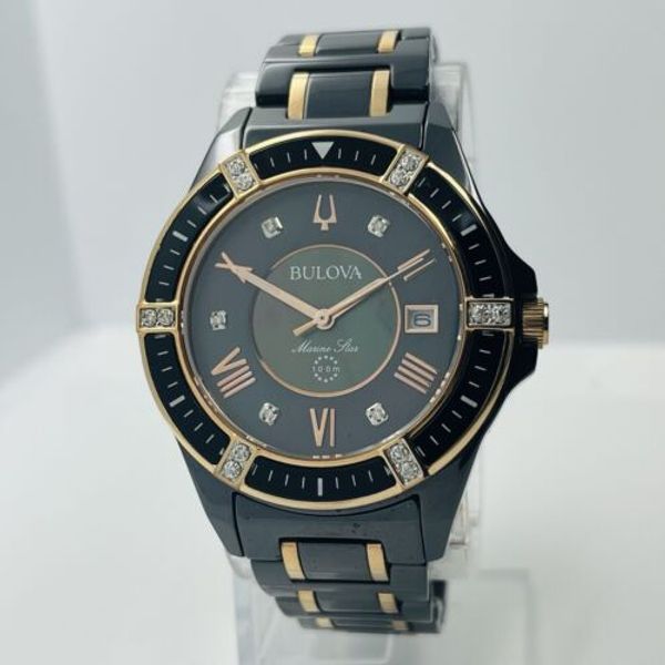 Bulova Marine Star Women's Diamond Two Tone Sapphire 37mm Ceramic Watch ...