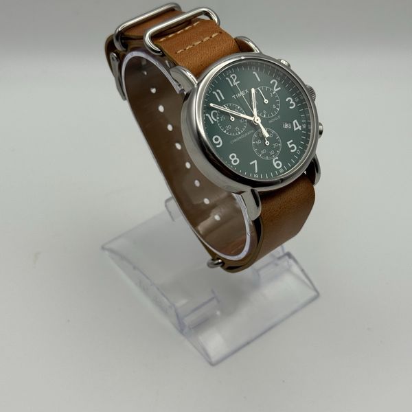 Timex Weekender Chronograph Green Dial Wrist Watch Brown Leather Strap ...