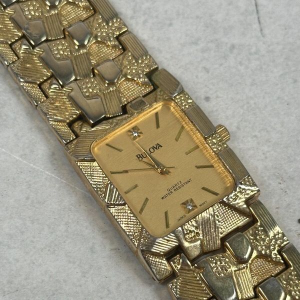 VTG Bulova Watch Mens 28mm Tank Style Chinky Gold Nugget 18K Plated FOR ...