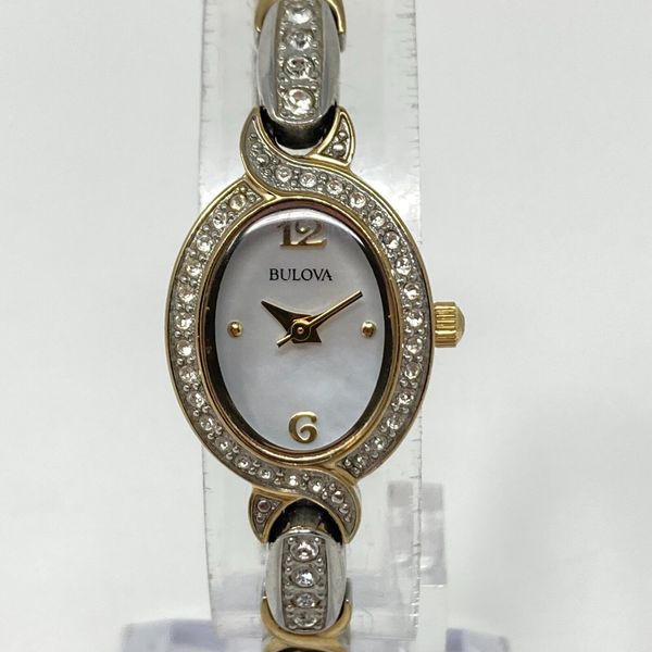 Bulova Watch Women Silver Gold Tone Pave Bezel Band Bling MOP 98L005 ...