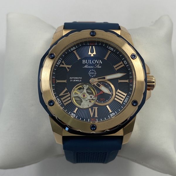 Bulova Marine Star Automatic Skeleton Blue Dial Rubber Strap Men's ...