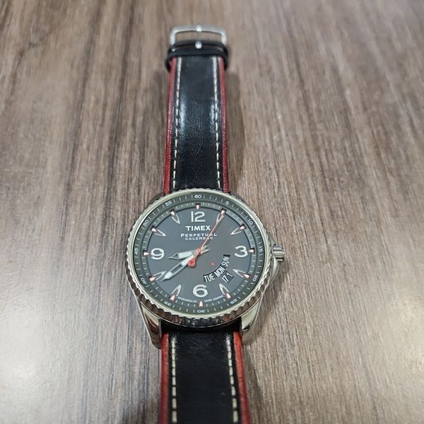 2005 Timex Perpetual Calendar Watch Red Black Indiglo Date Leather ...