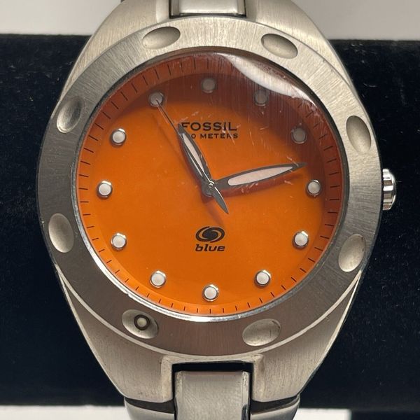 Fossil Blue AM-3316 Rare Orange Face Unisex Analog Watch Needs Battery ...
