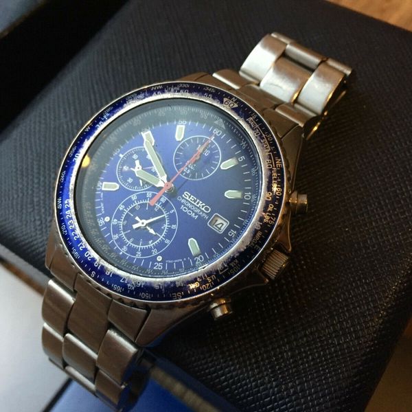 Blue Seiko Flightmaster Pilot Slide Rule Chronograph Men's Watch ...