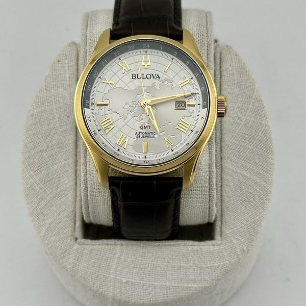 Bulova Wilton GMT Auto Gold-Tone World Map Leather Watch 97B210 Brand ...