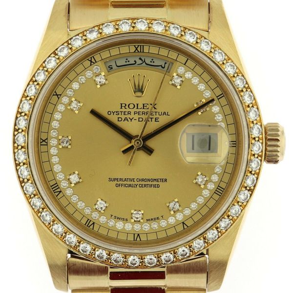 RARE Rolex President 18058 18k YG Watch Factory Diamond Bezel & String ...