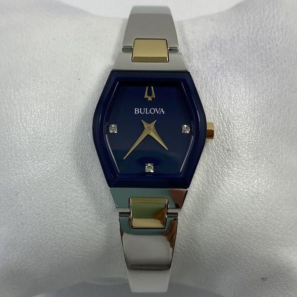 Bulova Gemini Diamonds Quartz Blue Dial Steel Ladies Bangle Watch ...
