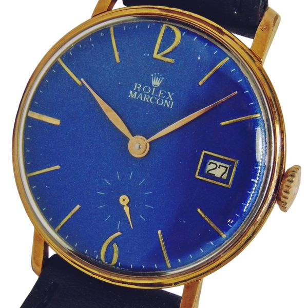 Vintage ROLEX Marconi date cobalt blue dial 18k gold plated case watch ...