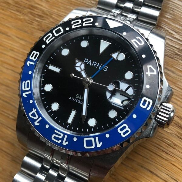 Parnis Blue Rotating Bezel Automatic Mens GMT Watch Sapphire Crystal ...