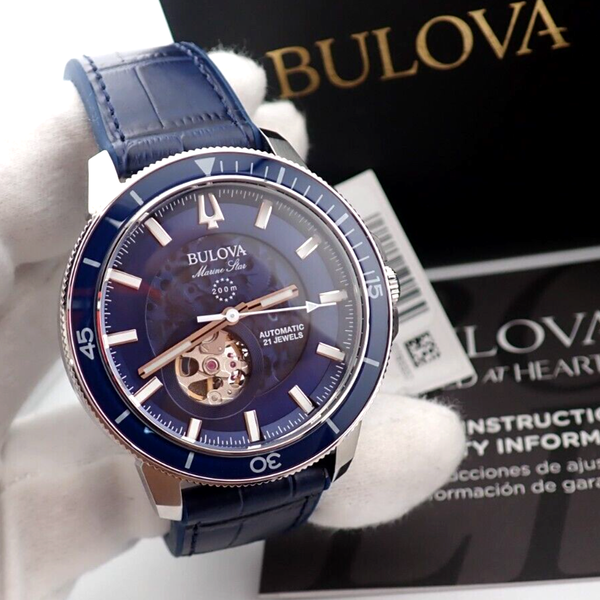 BULOVA Marine Star Automatic Blue Dial Rubber Leather 96A291 MEN'S ...