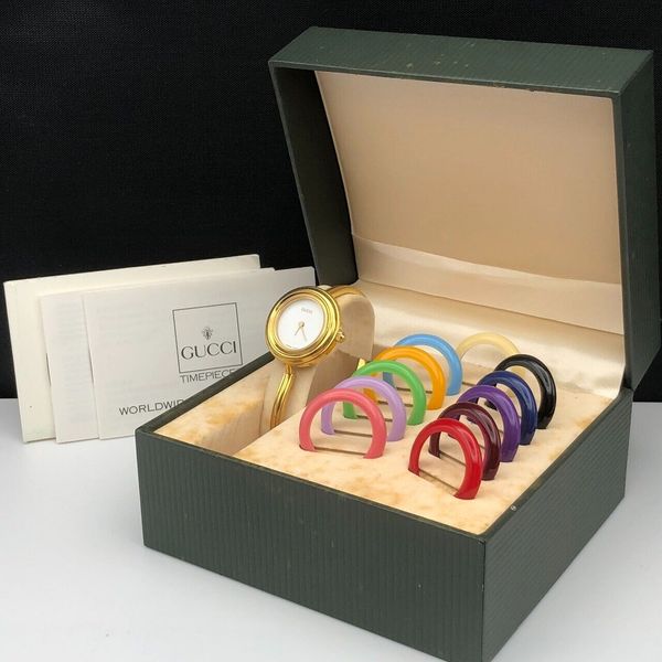 Auth Gucci Change Bezel 12 Colors Gold White Women Watch 6.5inc Quartz ...