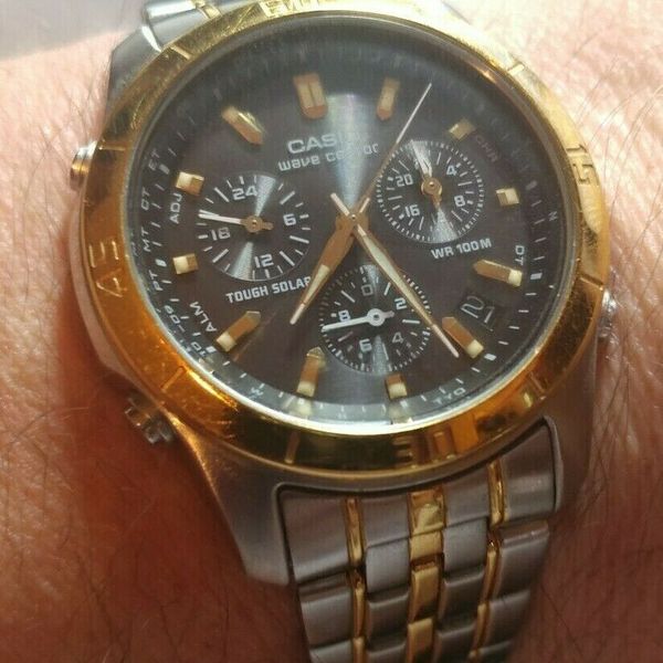 CASIO WVQ 600 BLACK FACE TWO-TONE WAVE CEPTOR CHRONOGRAPH WATCH - TOUGH ...