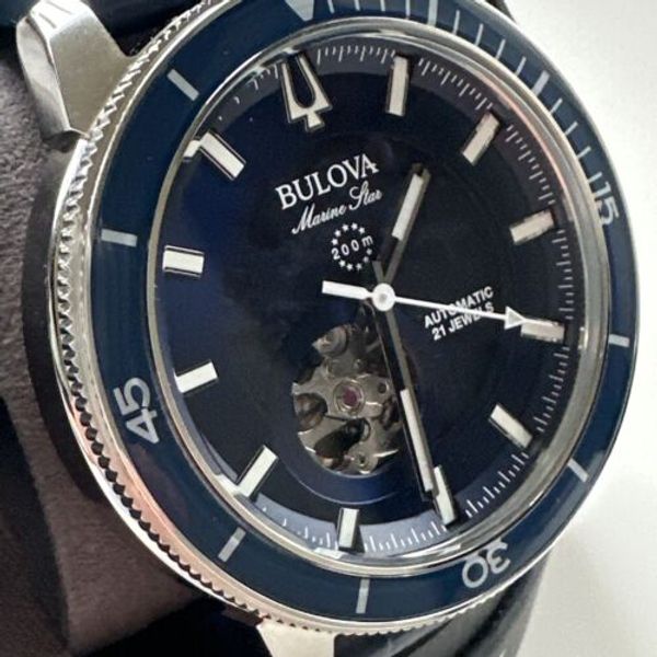 Bulova Marine Star Skeleton Men's Automatic Blue Leather Watch 45 MM ...