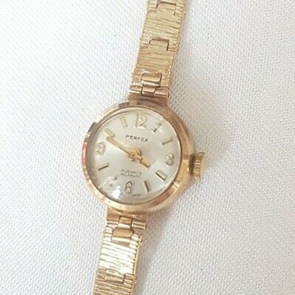 PERFEX WOMEN'S WATCH 9ct YELLOW GOLD SILVERED DIAL 17 JEWELS INCABLOC ...