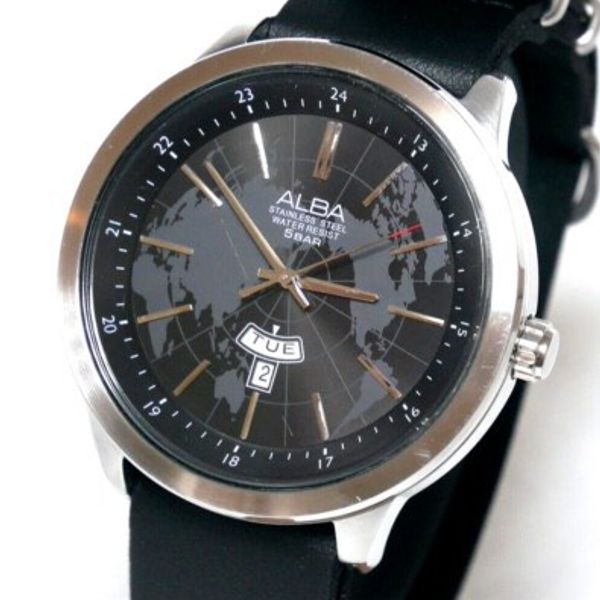 Alba Day Date World Map Dial Stainless Steel Watch / Leather Strap ...