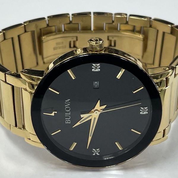 Bulova Men's Watch 97D116 Diamond Accent Black Dial Gold Stainless ...