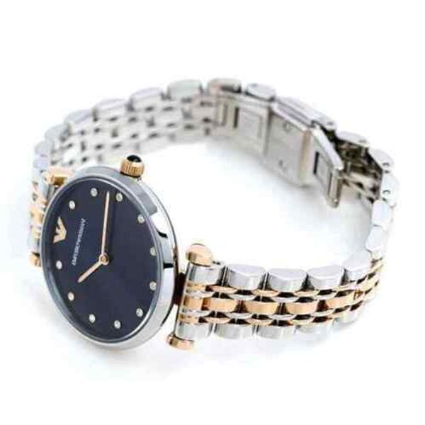 NEW EMPORIO ARMANI WOMENS WATCH GIANNI T-BAR BLUE DIAL TWO TONE GENUINE ...