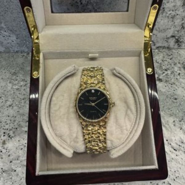 Vintage Gruen Precision Quartz Watch Gold Nugget Tone Band Black Dial ...