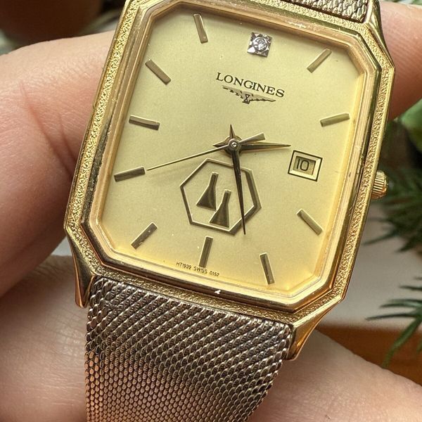 Longines men's tank watch gold plate mesh band diamond accent ~1992 new ...