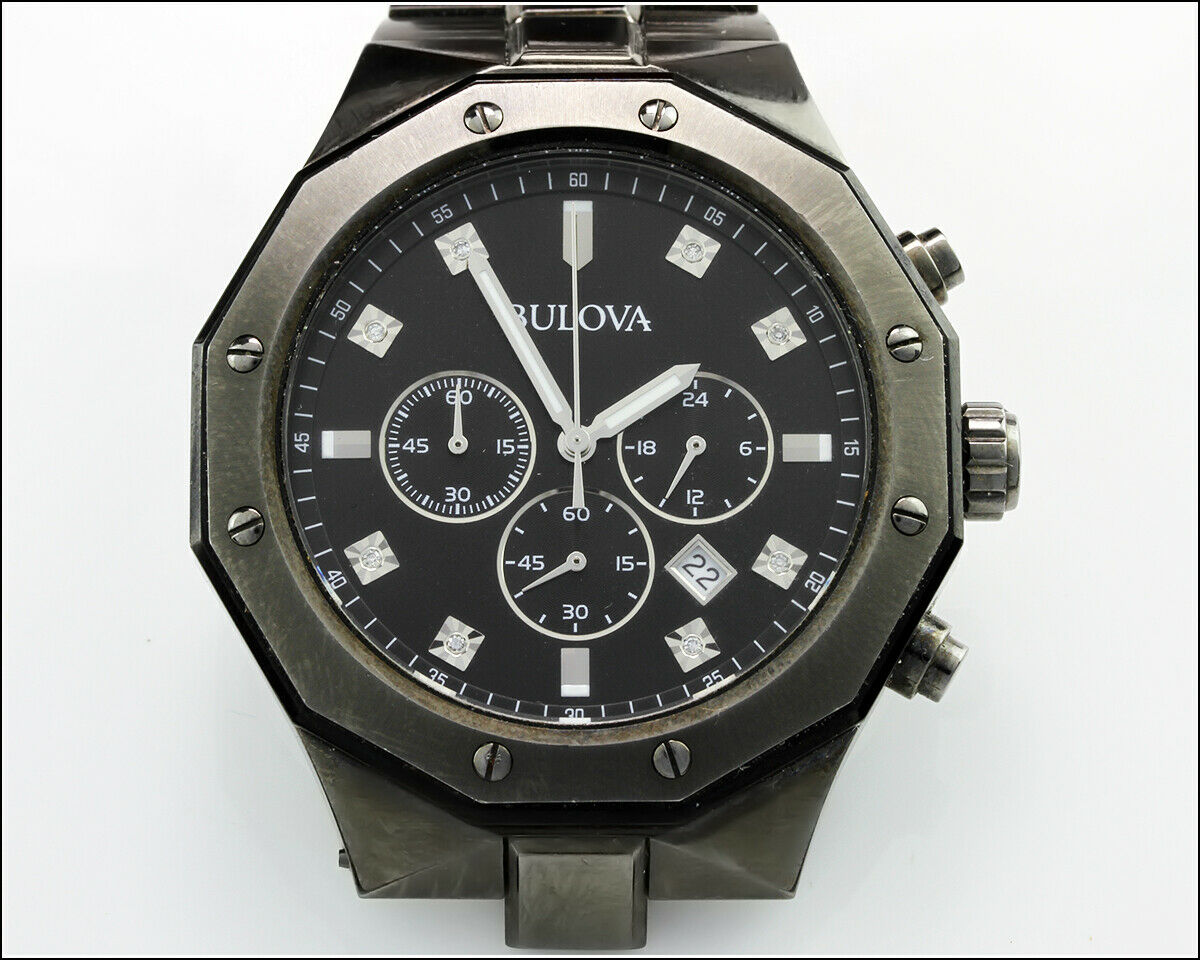 BULOVA Chronograph 98D142 Diamond Black Dial Gunmetal Watch Runs See ...