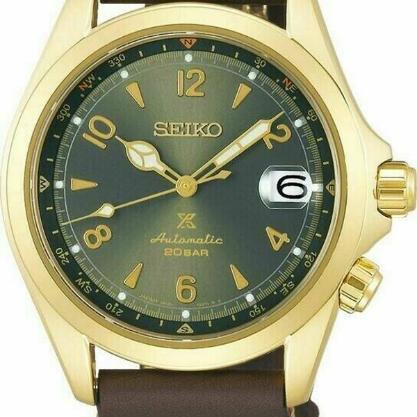 New Seiko Alpinist Green Dial Gold PVD Steel Leather Strap Men's Watch ...