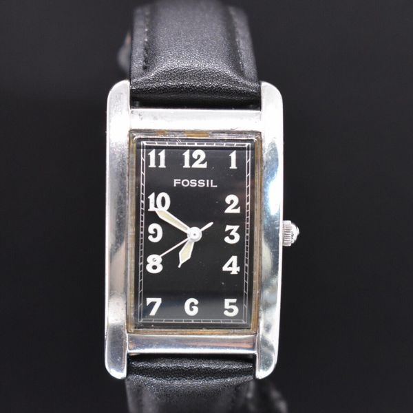Vtg FOSSIL TM-6286 Black Dial Tank Watch Men Leather NEW BATTERY ...