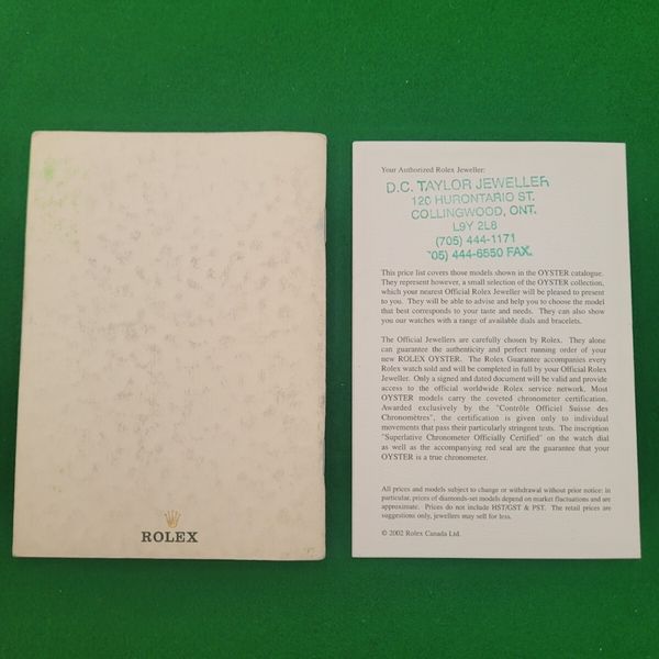 ROLEX OYSTER PERPETUAL BROCHURE CATALOG 2001 & PRICE LIST CANADA ...