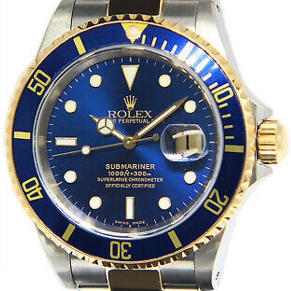 Rolex Submariner 18k Yellow Gold/Steel Blue Dive Mens 40mm Watch B/P Y ...