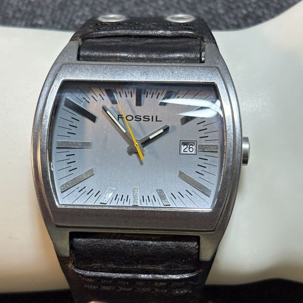 Fossil Menâ s Tonneau Watch Stainless Gray Dial Date,Leather Cuff Band ...
