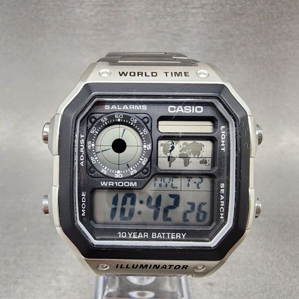 Casio World Time AE-1200WH Watch Men 39mm Digital Stainless Steel Alarm ...