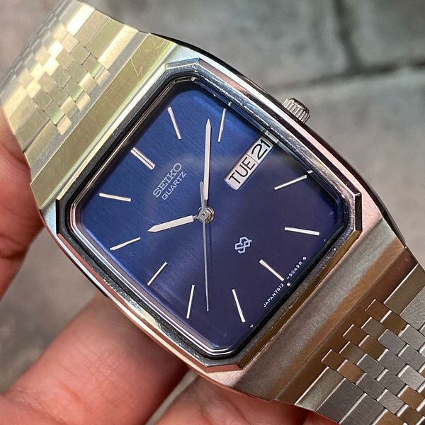 RARE SEIKO Square 7813-5049 Day Date Blue Dial Quartz Steel Vintage Men ...