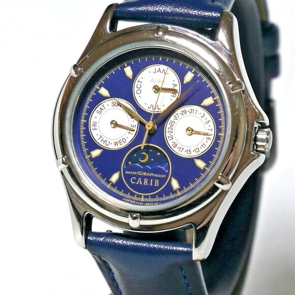 SEIKO ALBA CARIB Watch V33F-6B80 1992 Blue Navy Sun & Moon Triple ...