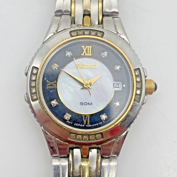 Vintage Seiko 7N82-0DH0 Women's MOP Diamond Dial Two Tone Steel ...
