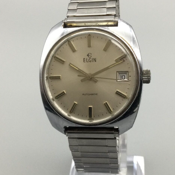 Vintage Elgin Automatic Watch Men 34mm Silver Tone Date Round Dial ...